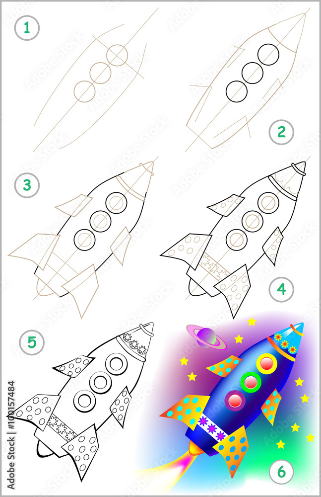 Page shows how to learn step by step to draw rocket. Developing ...