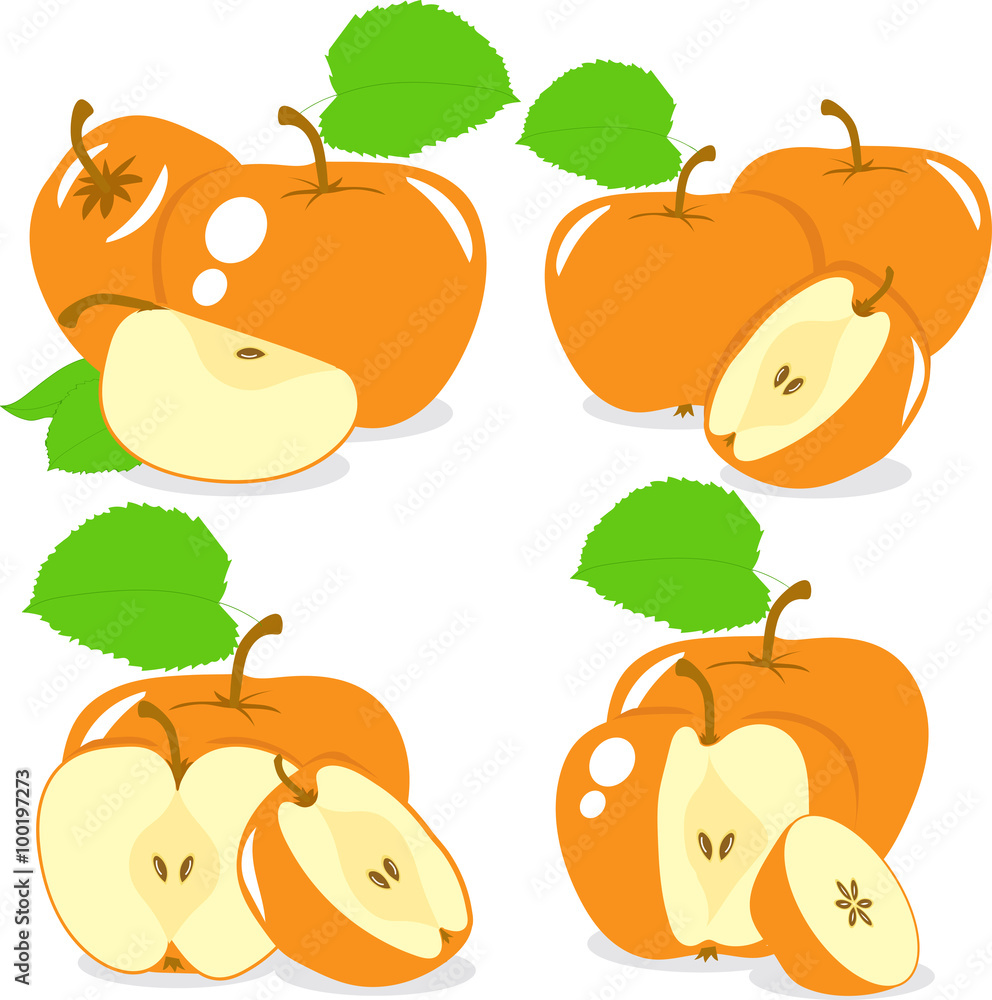 Orange color apples slices, collection of vector illustrations on a ...