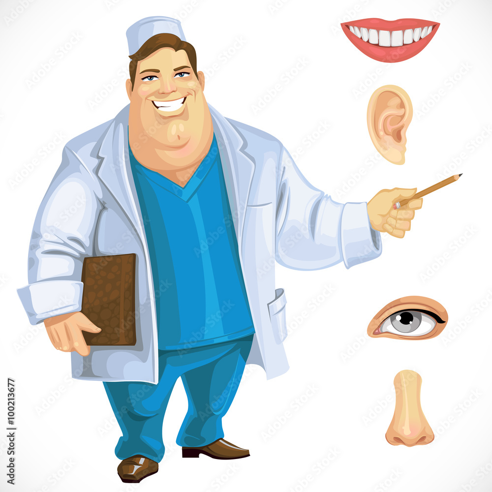 Cute fat doctor showing on part of the face Stock Vector | Adobe Stock