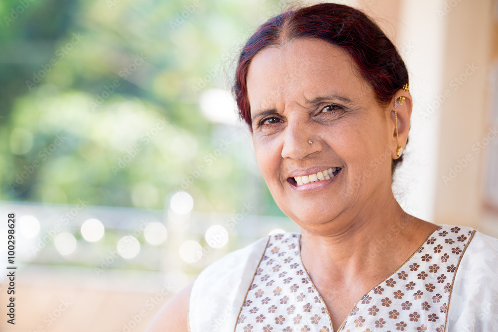 Closeup portrait, senior woman smiling on isolated outdoors outside ...