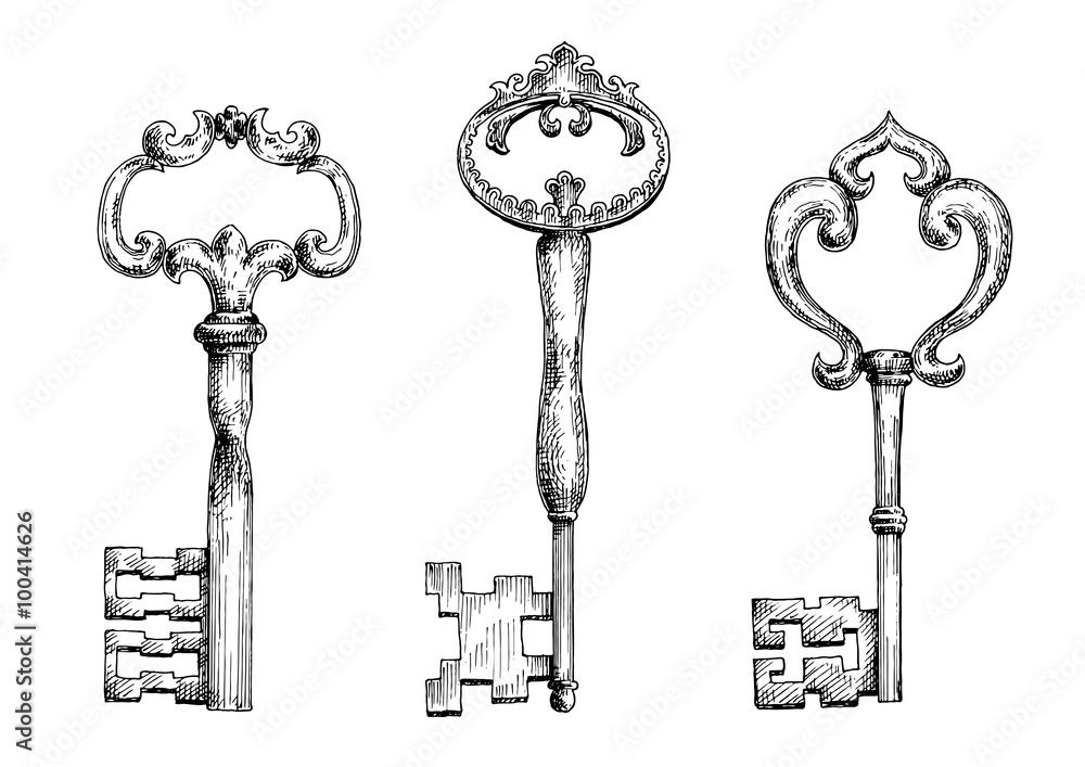 Vintage medieval skeleton keys sketches Stock Vector | Adobe Stock