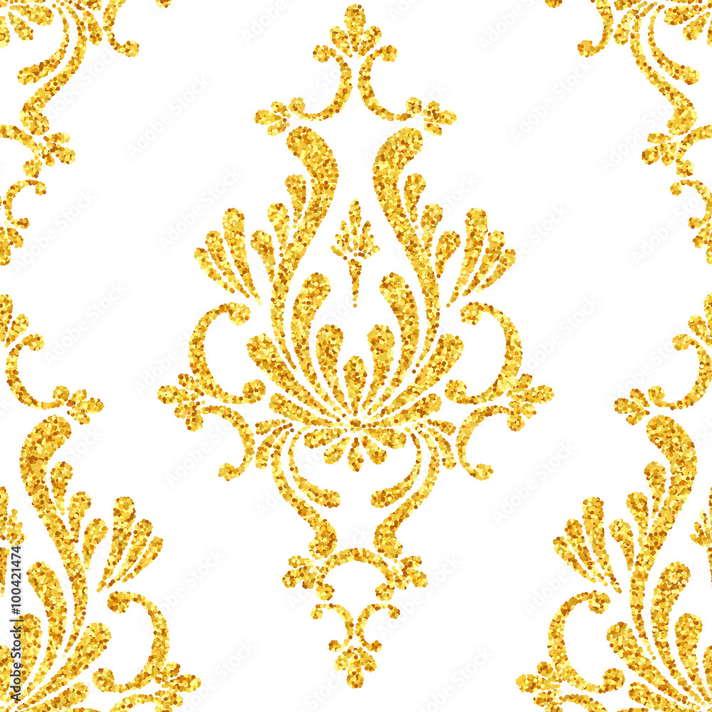 Vector gold glitter damask floral seamless pattern, golden sparkles on ...