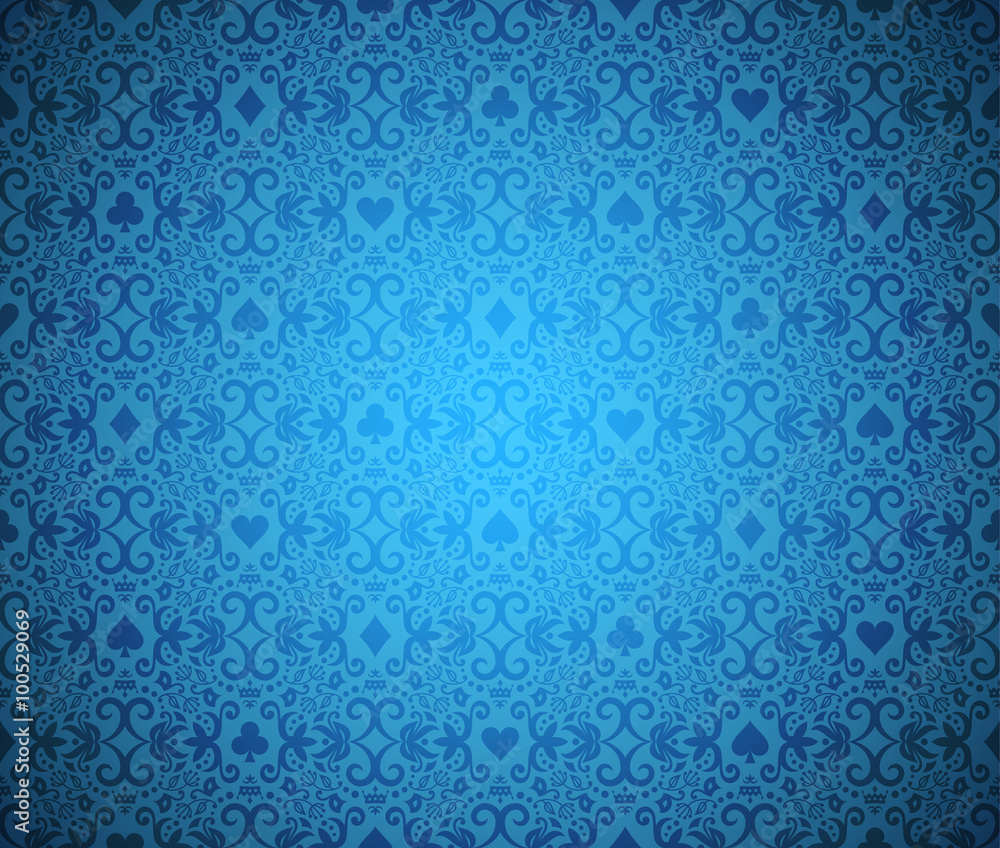 Blue poker background with dark damask pattern and cards symbols Stock ...
