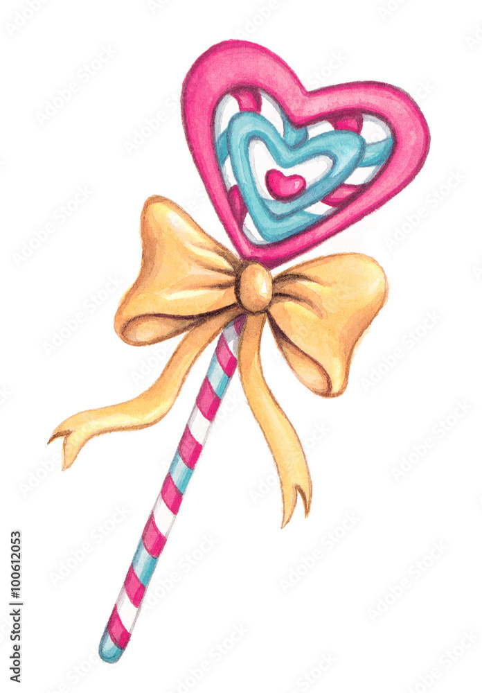 Watercolor Heart Shaped Lollipop. Candy with yellow ribbon. Valentine's ...