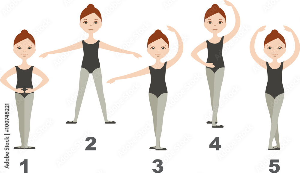 Young dancer demonstrates the five basic ballet positions Stock Vector ...