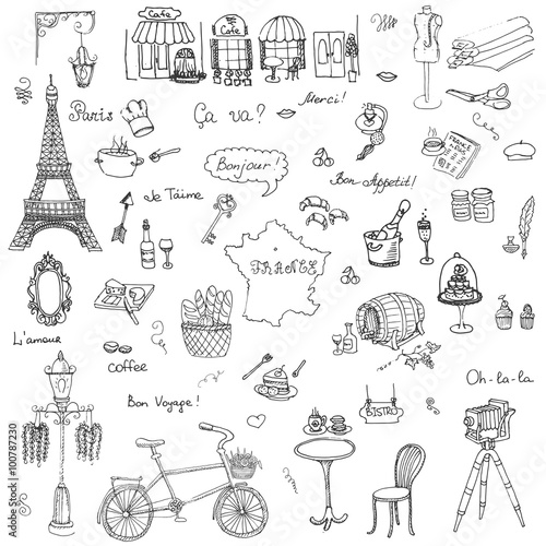 Set of hand drawn French icons, Paris sketch illustration, doodle ...
