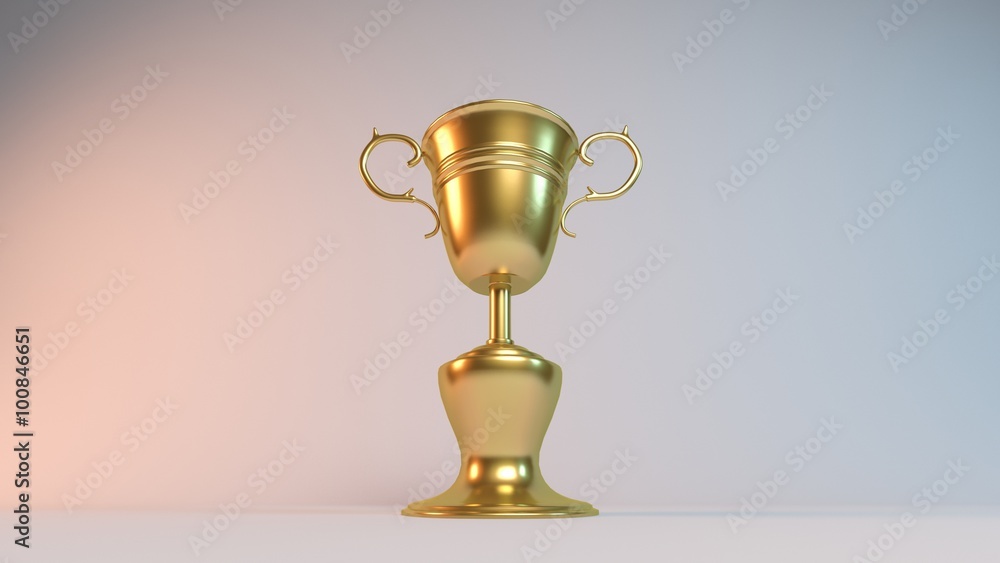 Golden 3D object (world cup) inside a white reflected stage with high ...