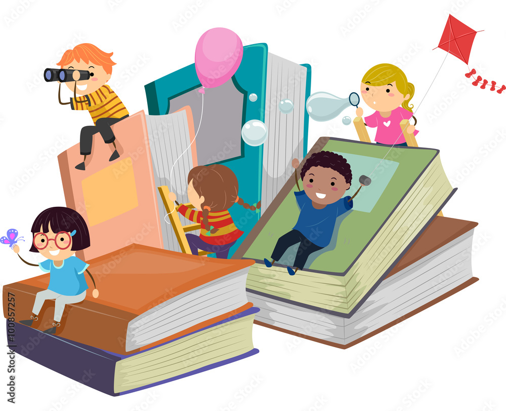 Stickman Kids Giant Books Play Stock Vector | Adobe Stock