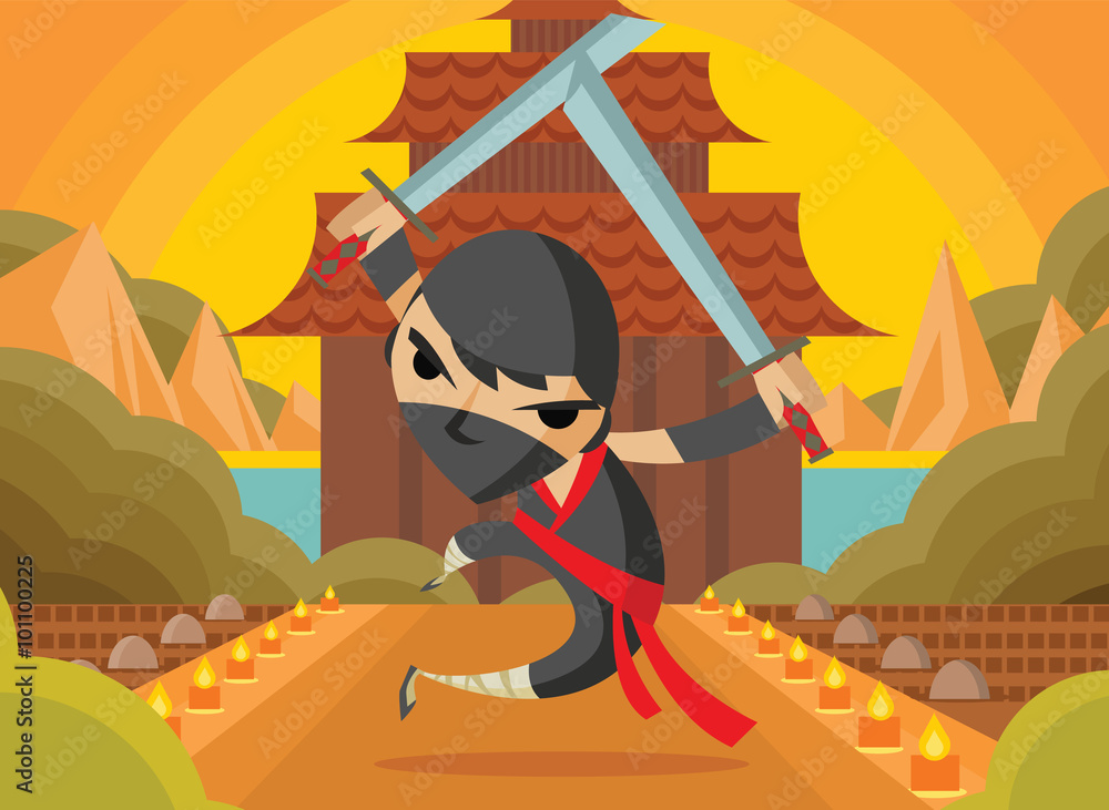 Vector de Stock ninja warrior jumping in a temple | Adobe Stock