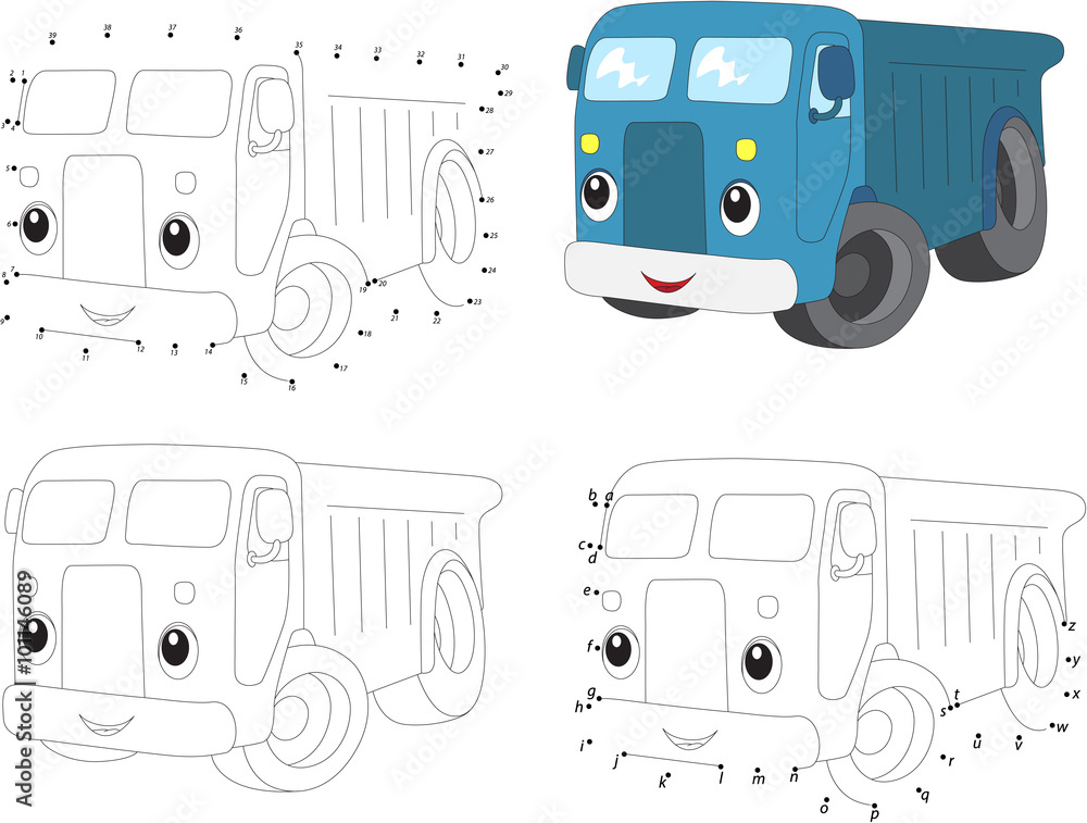 Cartoon blue lorry. Vector illustration. Coloring and dot to dot Stock ...