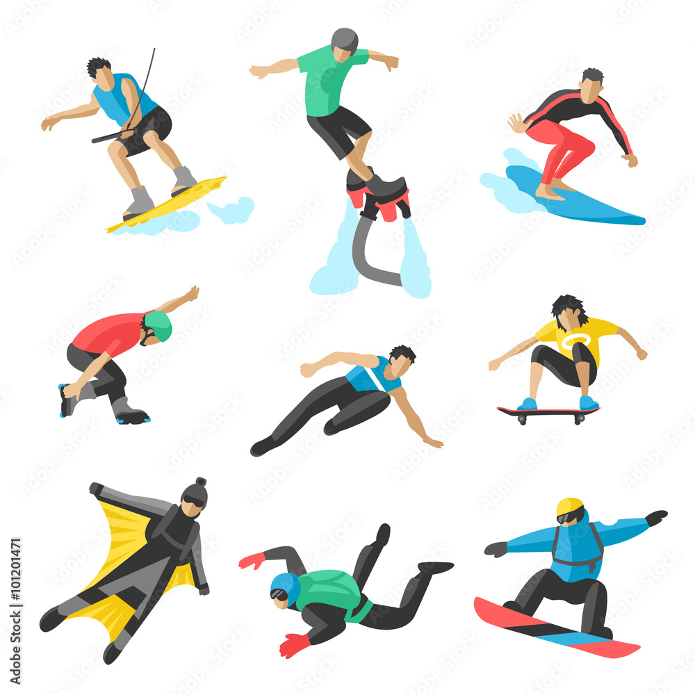 Extreme sport vector people. Parasailing, wakeboard, snowboard, rocker ...