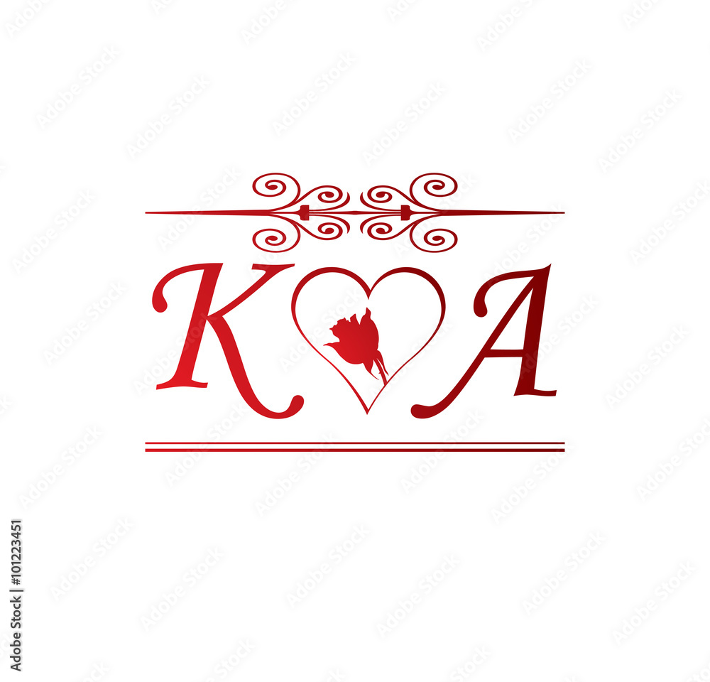 KA love initial with red heart and rose Stock Vector | Adobe Stock