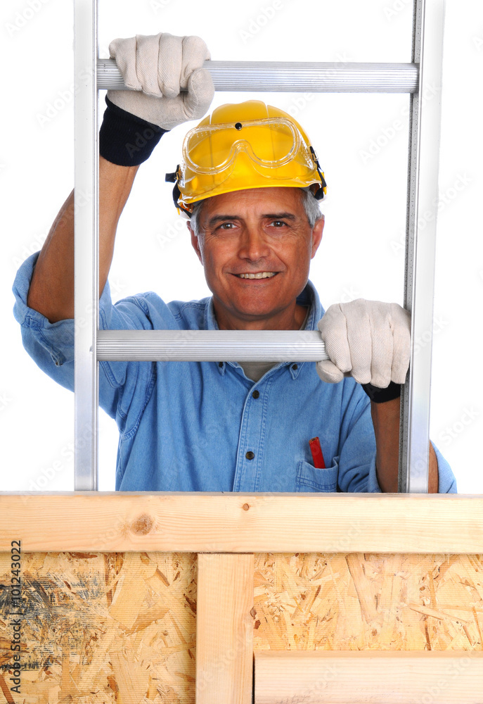 Construction Worker Climbing Ladder Stock Photo | Adobe Stock