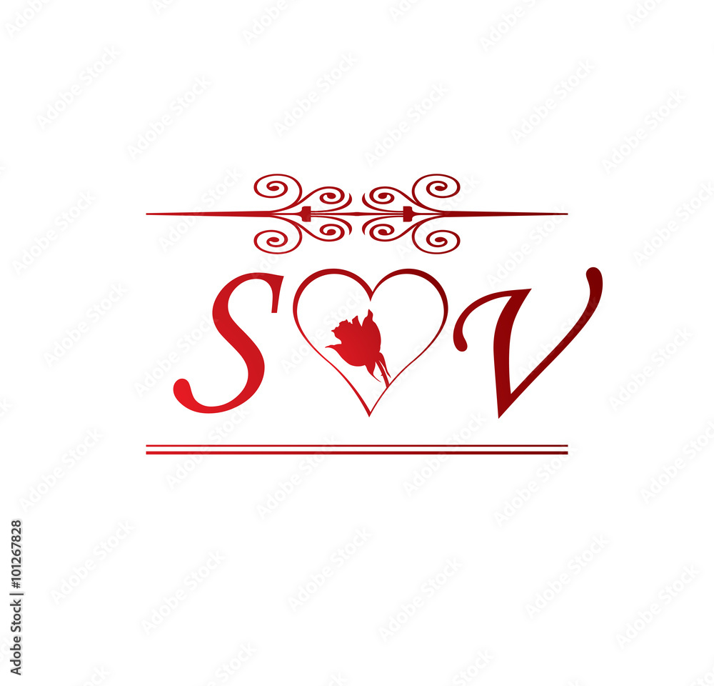 SV love initial with red heart and rose Stock Vector | Adobe Stock