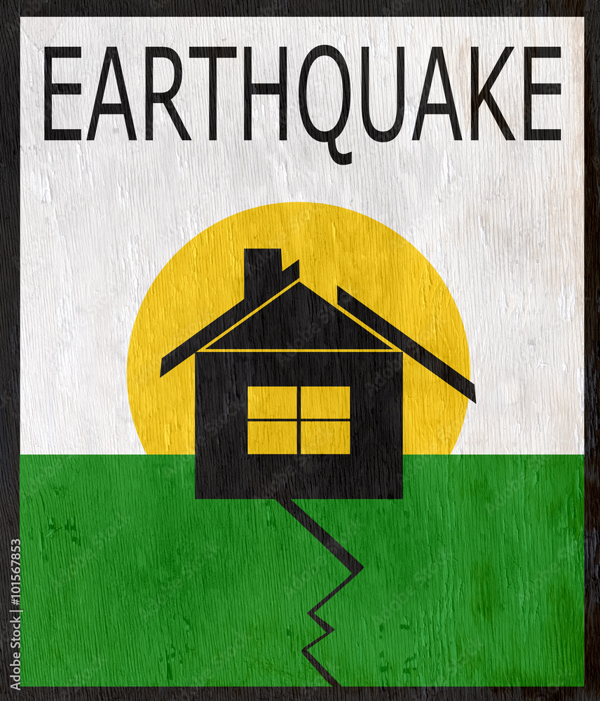earthquake design with damaged home and cracked ground on wood grain ...
