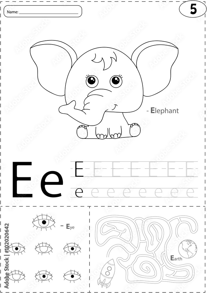 Cartoon elephant, eye and Earth. Alphabet tracing worksheet: wri Stock ...