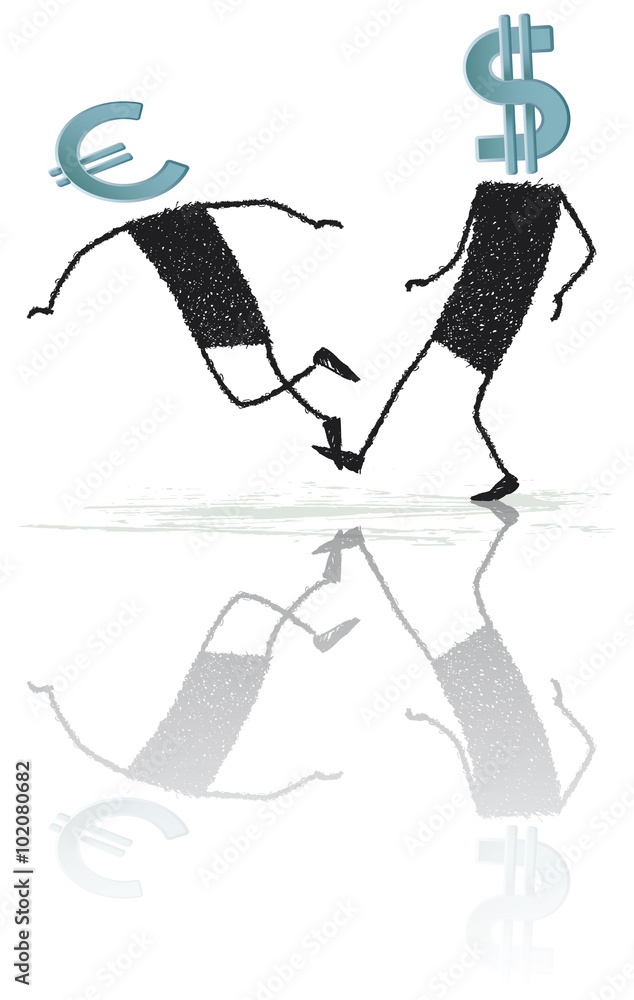 2 stick figures, one has in mind the dollar sign, the other euro symbol ...