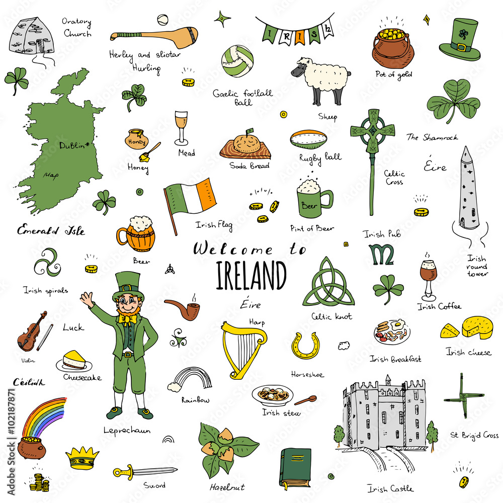 Hand drawn doodle Ireland set Vector illustration Sketchy Irish ...