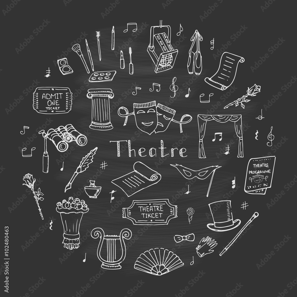 Hand drawn doodle Theatre set Vector illustration Sketchy theater icons ...