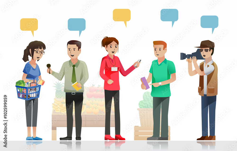 Vector de Stock interview in supermarket.The opinion of shopper.Live in ...