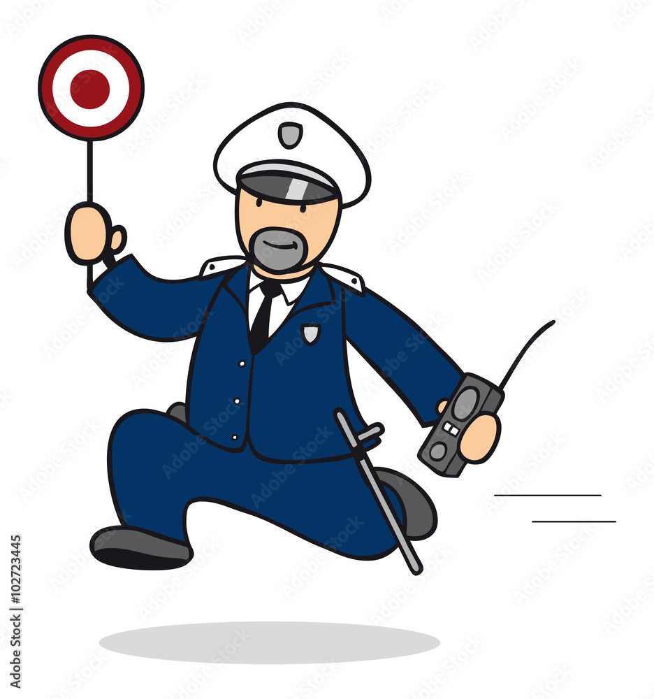 Cartoon Mann bei Polizei rennt im Einsatz Stock Illustration | Adobe Stock