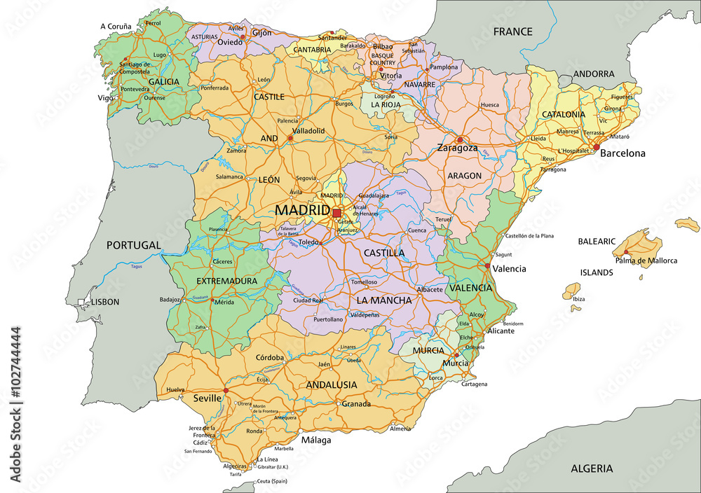 Vector de Stock Spain - Highly detailed editable political map with ...