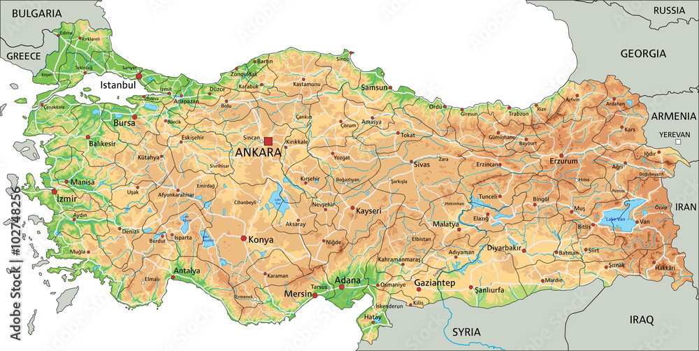 High detailed Turkey physical map with labeling. Stock Vector | Adobe Stock