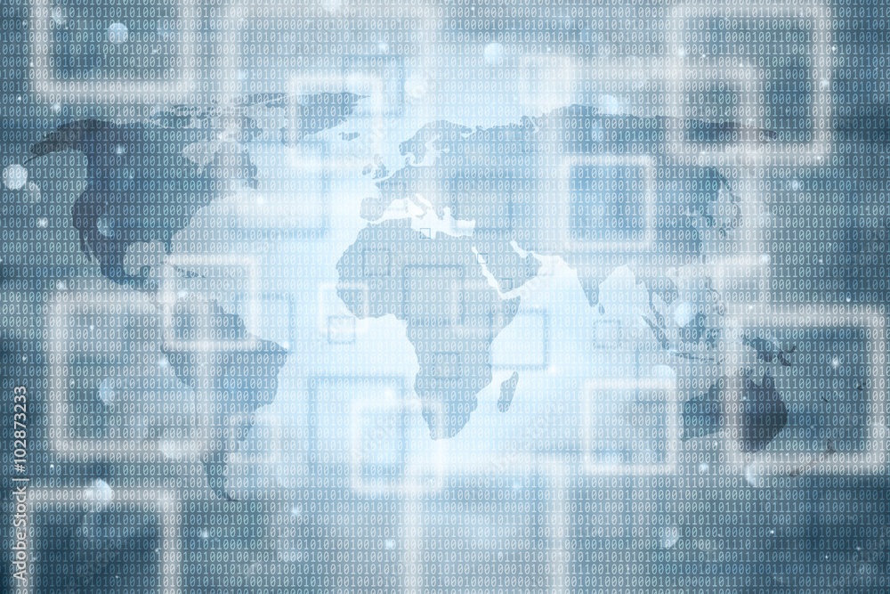 Blurred abstract world map with binary numbers background. Conceptual world map with binary code ...