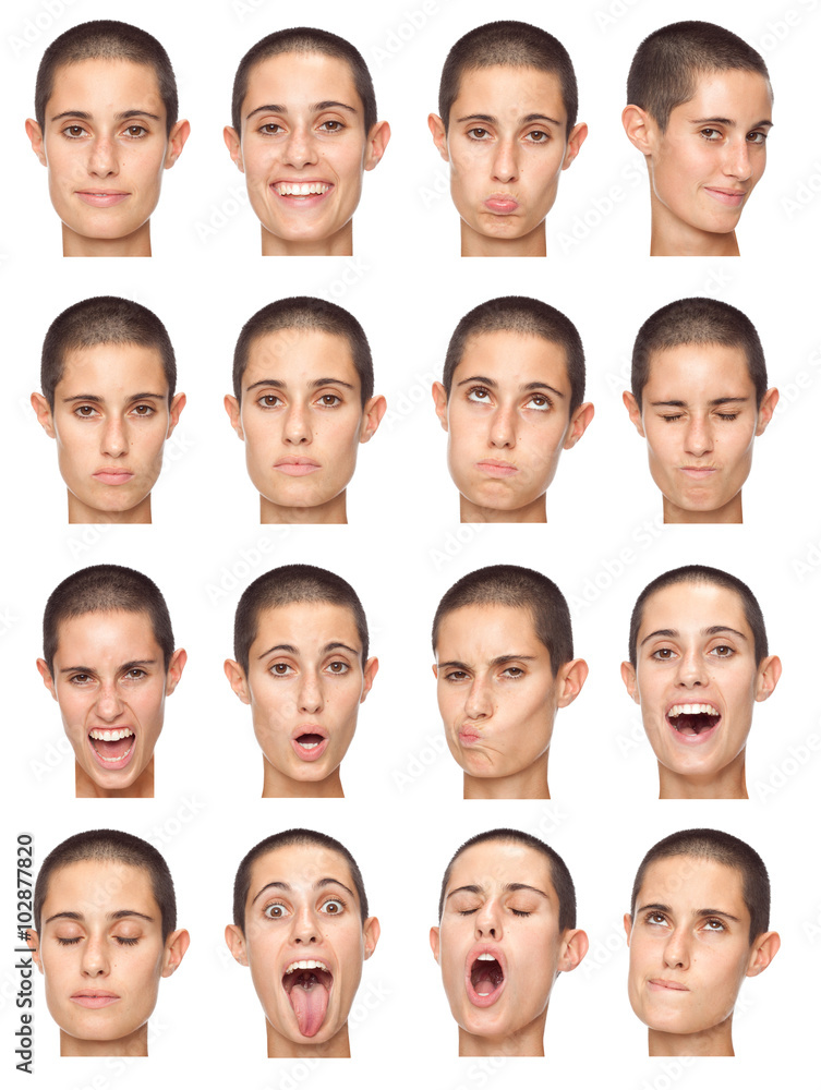 short hair brunette adult caucasian woman collection set of face ...