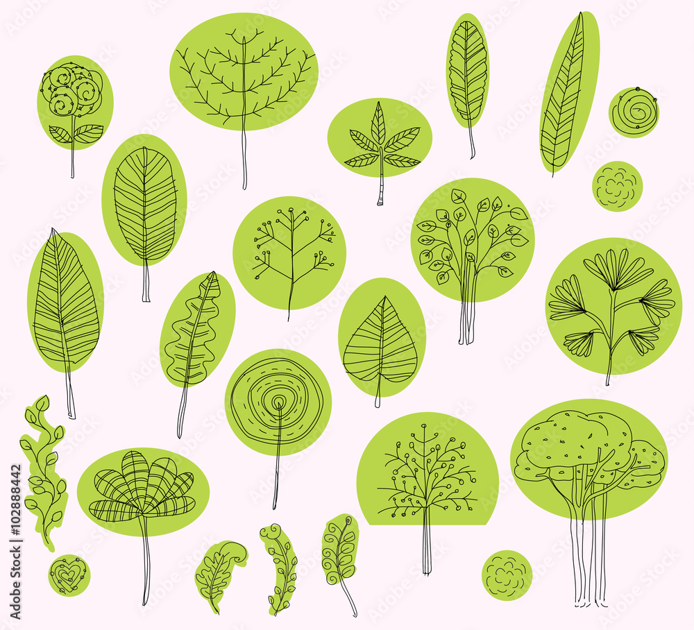 set of vector trees symbols,sketch of tree pattern for exterior design ...