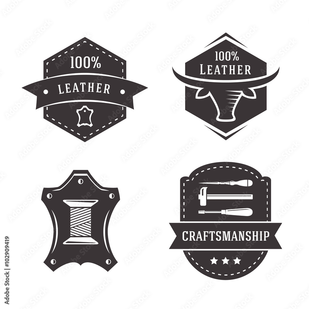 Vector vintage genuine leather labels set. Craftsmanship signs Stock ...