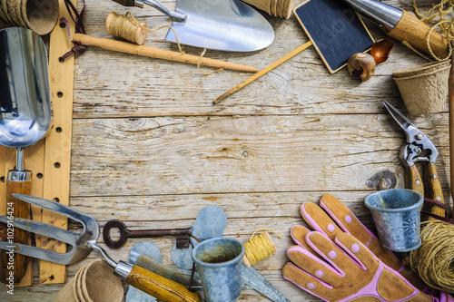 Garden tools on wooden background Stock Photo | Adobe Stock