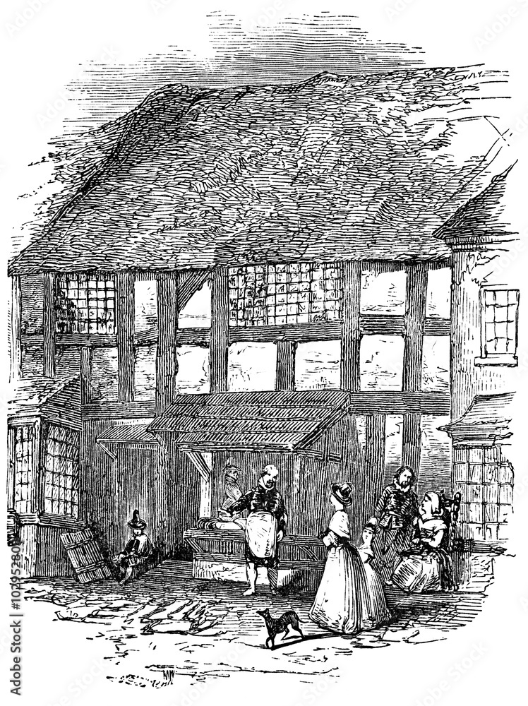 An engraved vintage illustration image portrait of the birthplace house ...