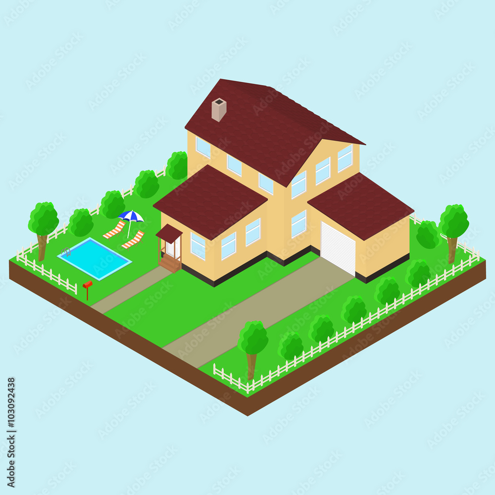 Isometric house 3D icon. Pictograms house with a mailbox, trees, bushes ...