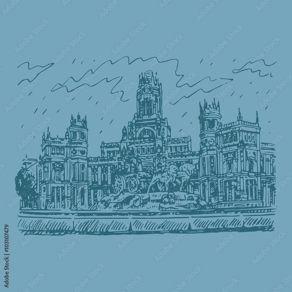Cybele Palace and fountain at the Plaza Cibeles in Madrid, Spain. Drawn ...