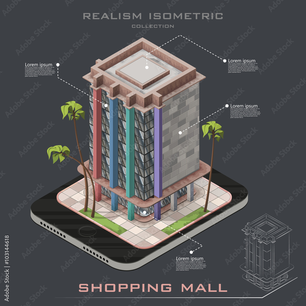 Realistic Isometric icon shopping mall building infographic Stock ...