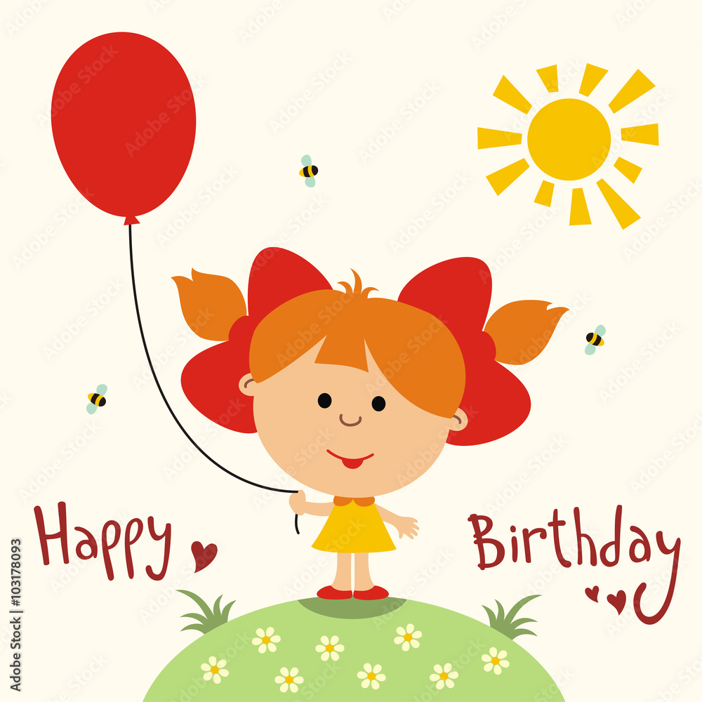 Happy birthday, card cute little girl with balloon, handwritten text ...