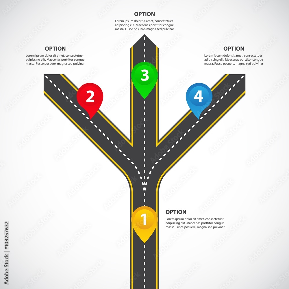 Diverging roads with arrows, bright map pointers and text fields ...