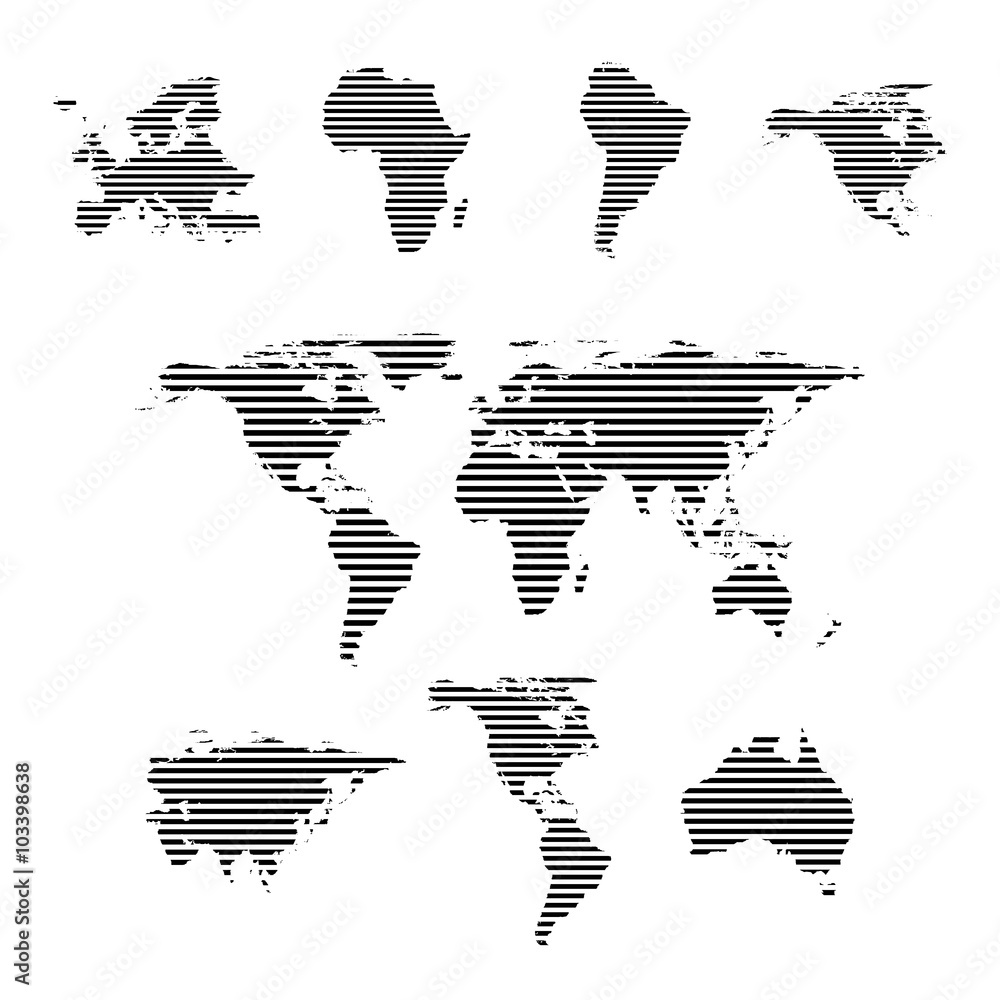 Black linear symbols set, world maps on white, vector illustration ...