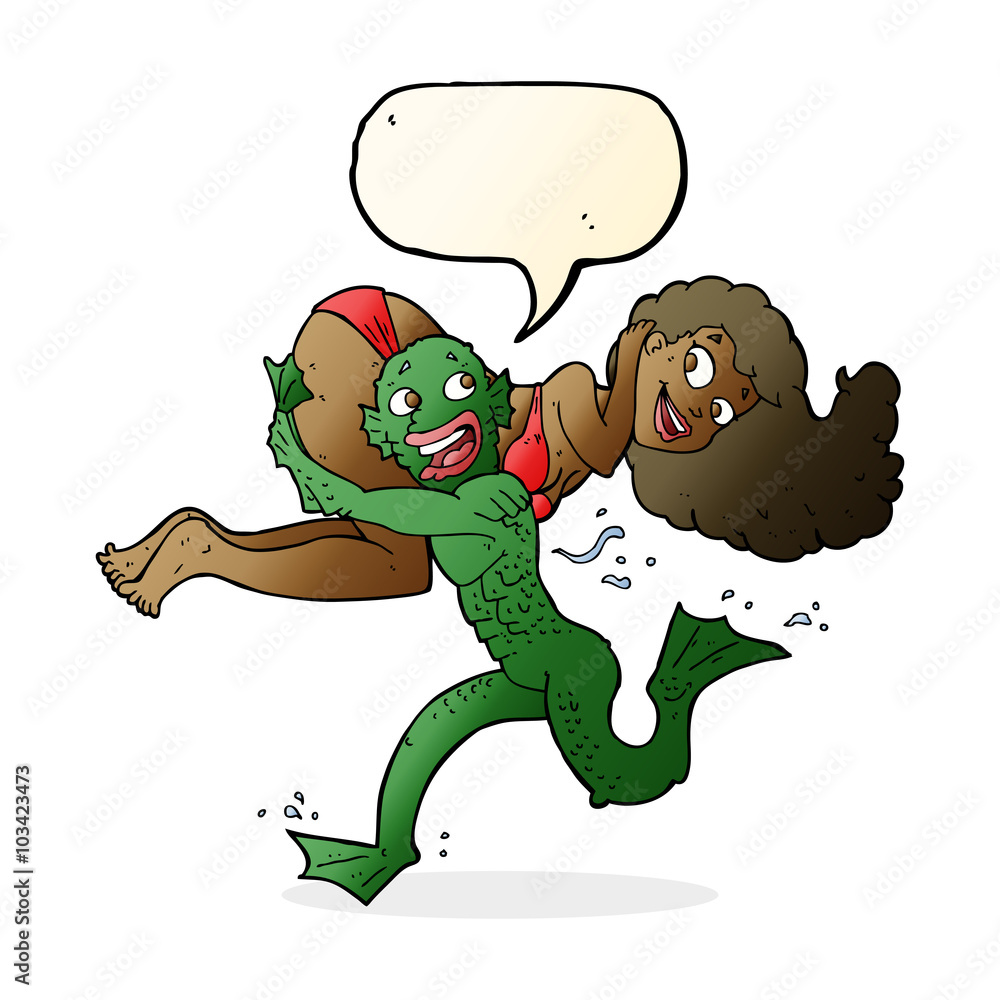 cartoon swamp monster carrying girl in bikini with speech bubble Stock ...