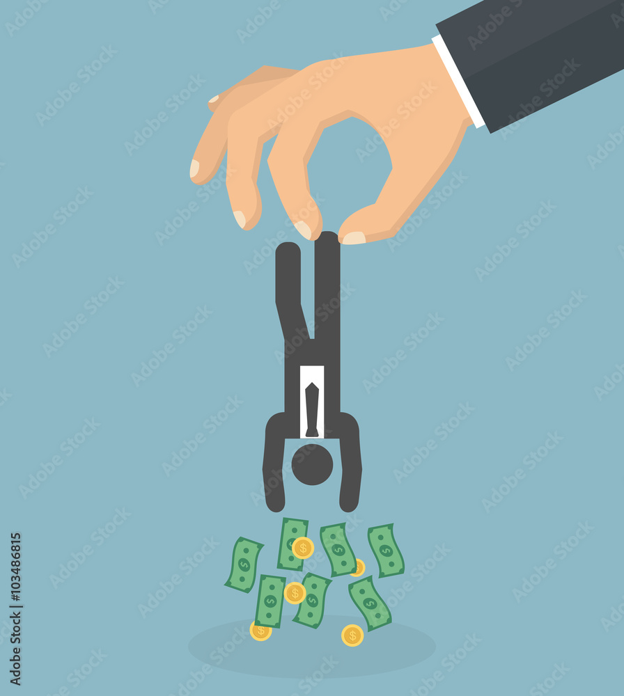 Hand holding stick figure businessman upside down shaking out the money ...