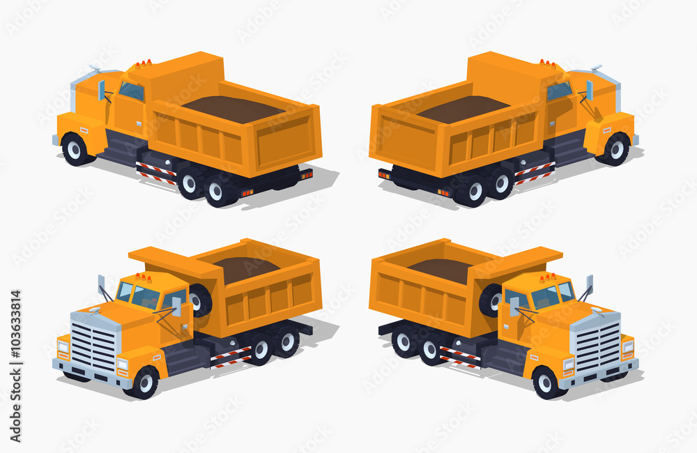Loaded orange dumper. 3D lowpoly isometric vector illustration. The set ...