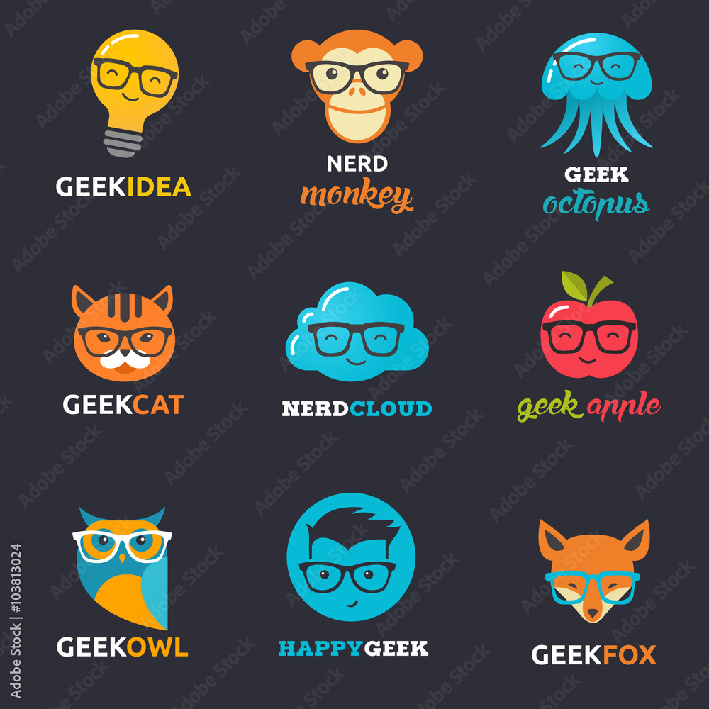 Geek, nerd, smart hipster icons - animals and symbols Stock Vector ...