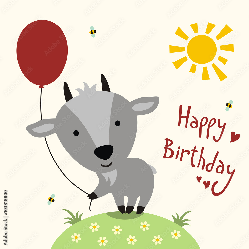 Happy birthday card, cute little goat with balloon, handwritten text ...