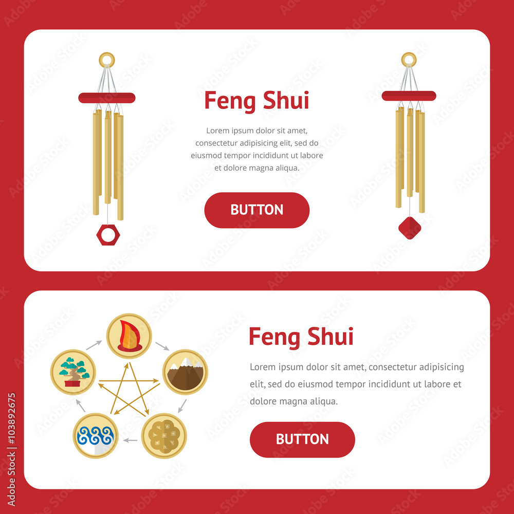 Five elements, symbol of feng shui in flat design: fire, water, wood ...