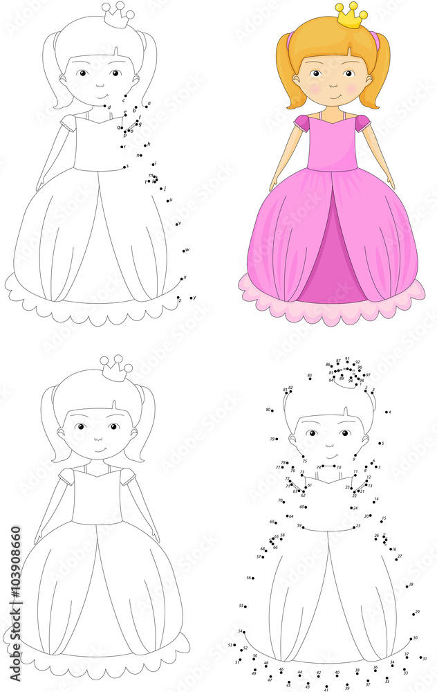 Cartoon princess. Coloring book and dot to dot game for kids Stock ...