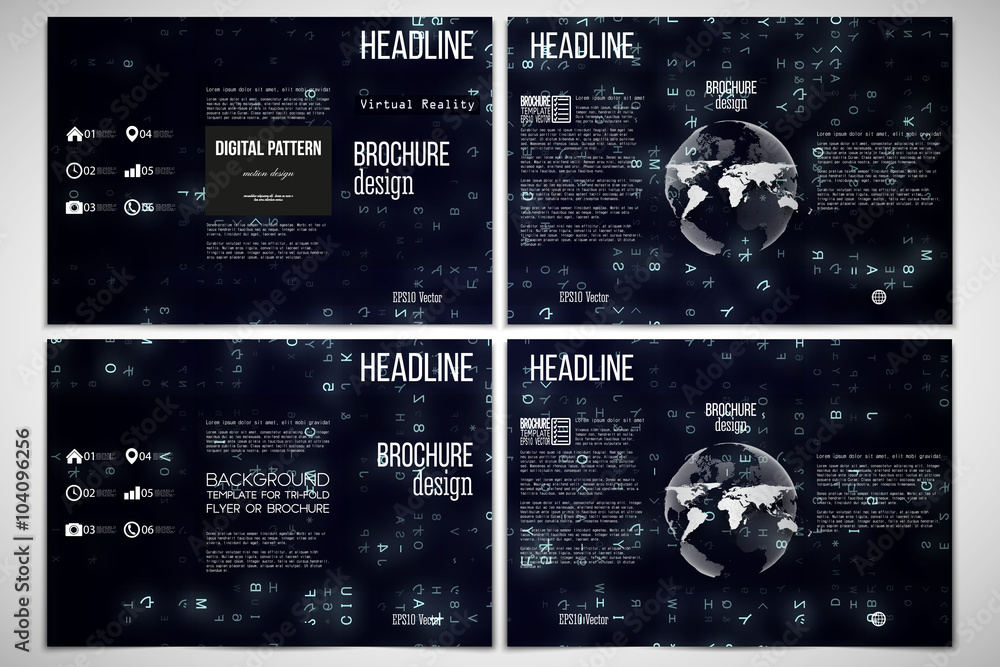 Set of tri-fold brochure design templates. Virtual reality, abstract ...