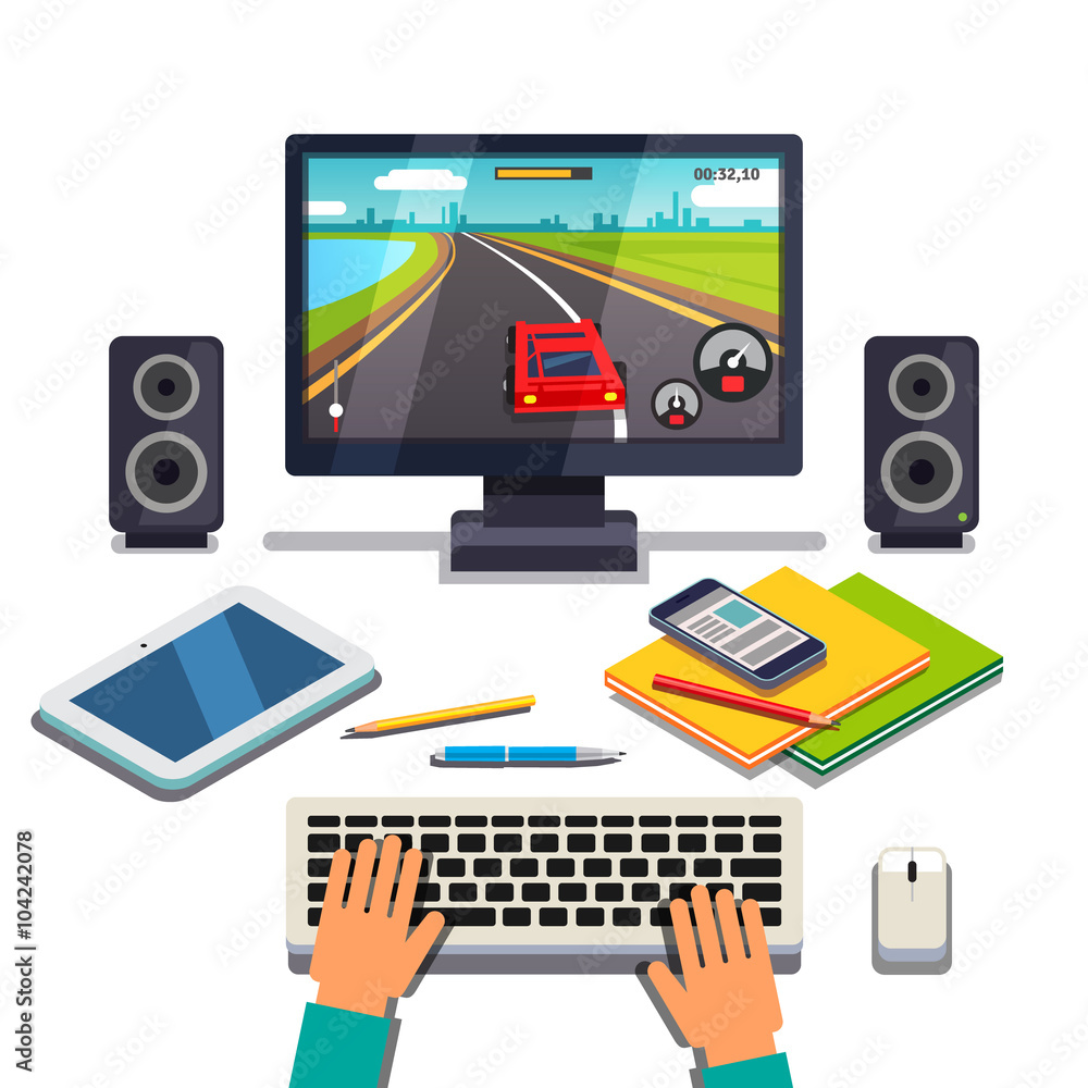 Student is gaming on a desktop computer pc Stock Vector | Adobe Stock