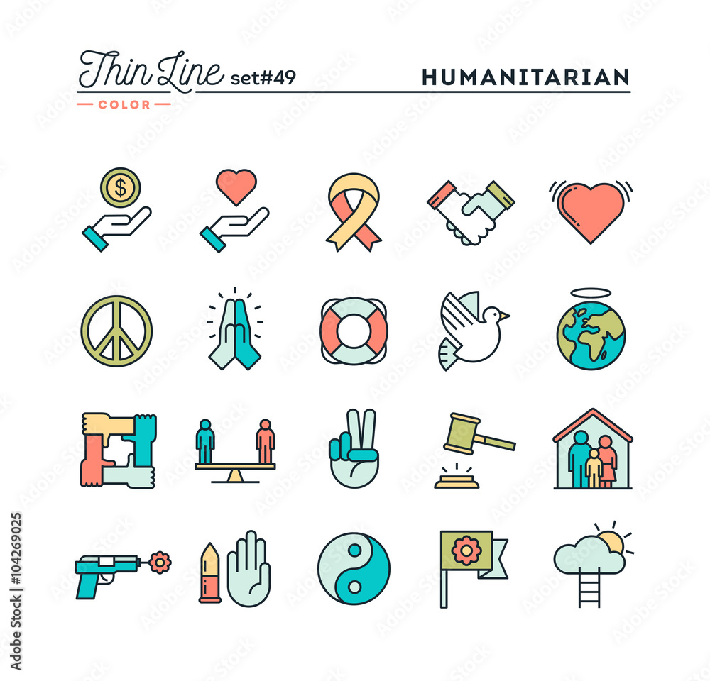 Humanitarian, peace, justice, human rights and more, thin line color ...