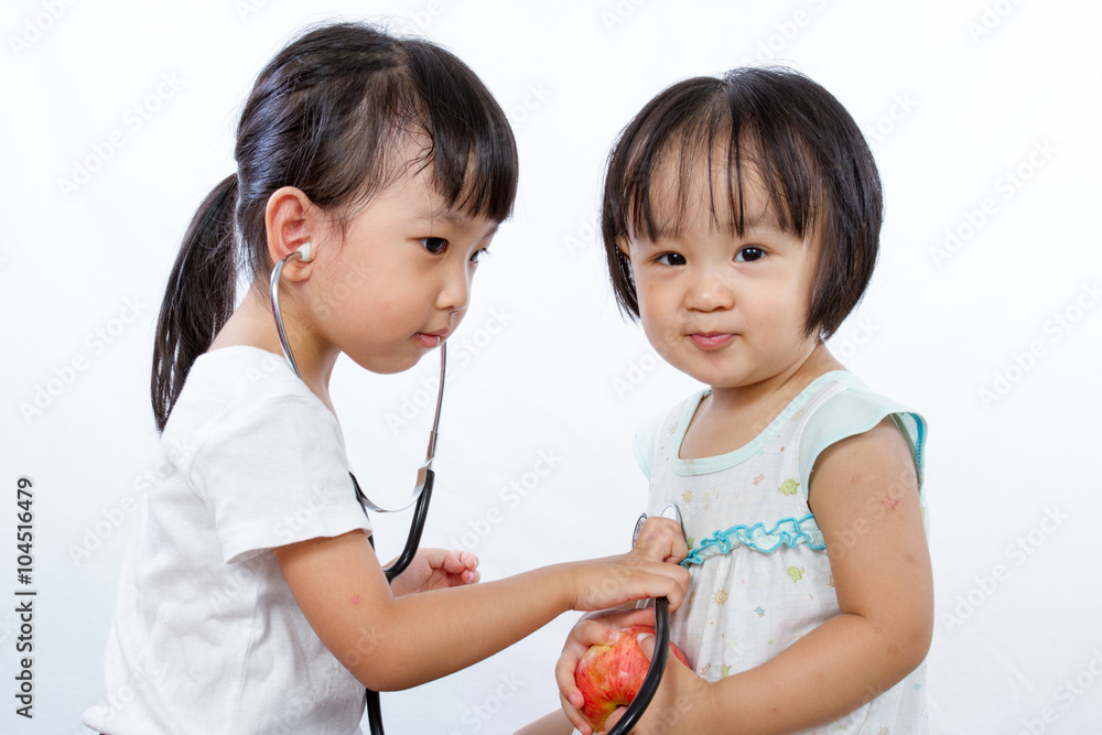 Asian Little Chinese Girls Playing as Doctor and Patient with St Stock ...